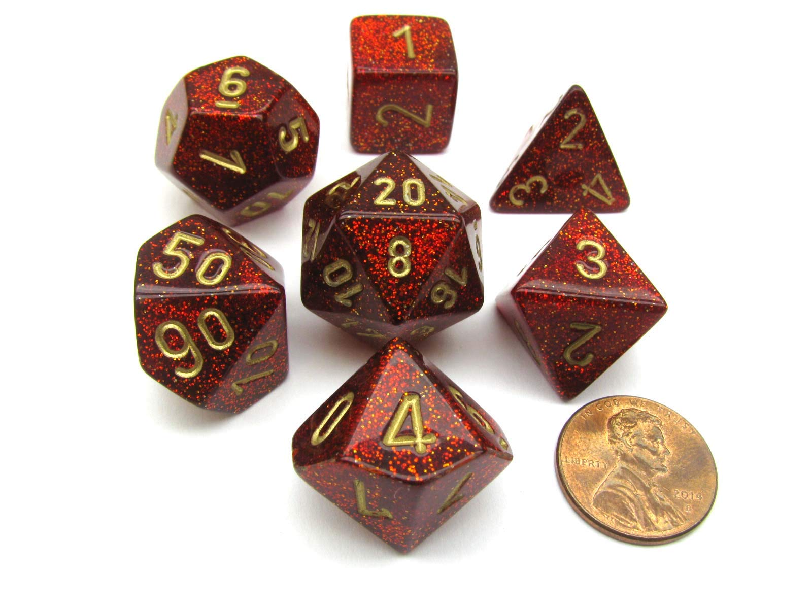 Ruby Glitter Dice with Gold Numbers 16mm (5/8in) Set of 7 Chessex