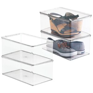 mdesign stackable plastic closet storage container bin box with hinge lid for organizing shoes, booties, pumps, sandals, wedges, flats, heels - lumiere collection - 4 pack - clear