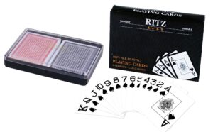 ritz 2-decks poker size 100% plastic playing cards set in plastic case, large index, waterproof