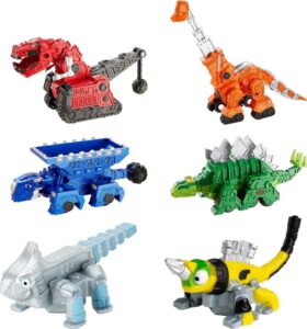 mattel dinotrux multipack with 6 character toy cars, half dinosaur & half construction vehicle, includes ty rux, ton-ton & skya