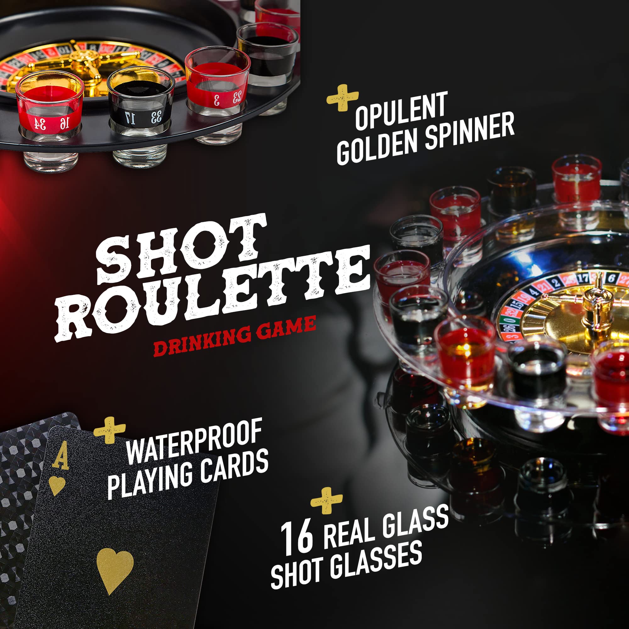 BETTERLINE Shot Glass Roulette Drinking Game and Poker Playing Cards Set - Spinning Wheel, 2 Balls and 16 Shot Glasses - Casino Adult Party Games