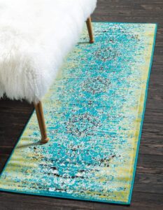 unique loom imperial collection distressed, bright colors, floral, vintage, modern, traditional area rug, 2 x 6 ft, blue/green