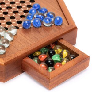 Wooden Chinese Checkers Halma Board Game Set - 12.7 Inches - with Drawers and Glass Marbles - Made by Yellow Mountain Imports