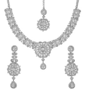 touchstone indian bollywood enchanting floral diamond studded look white rhinestone embellished bridal designer jewelry necklace set for women in white tone