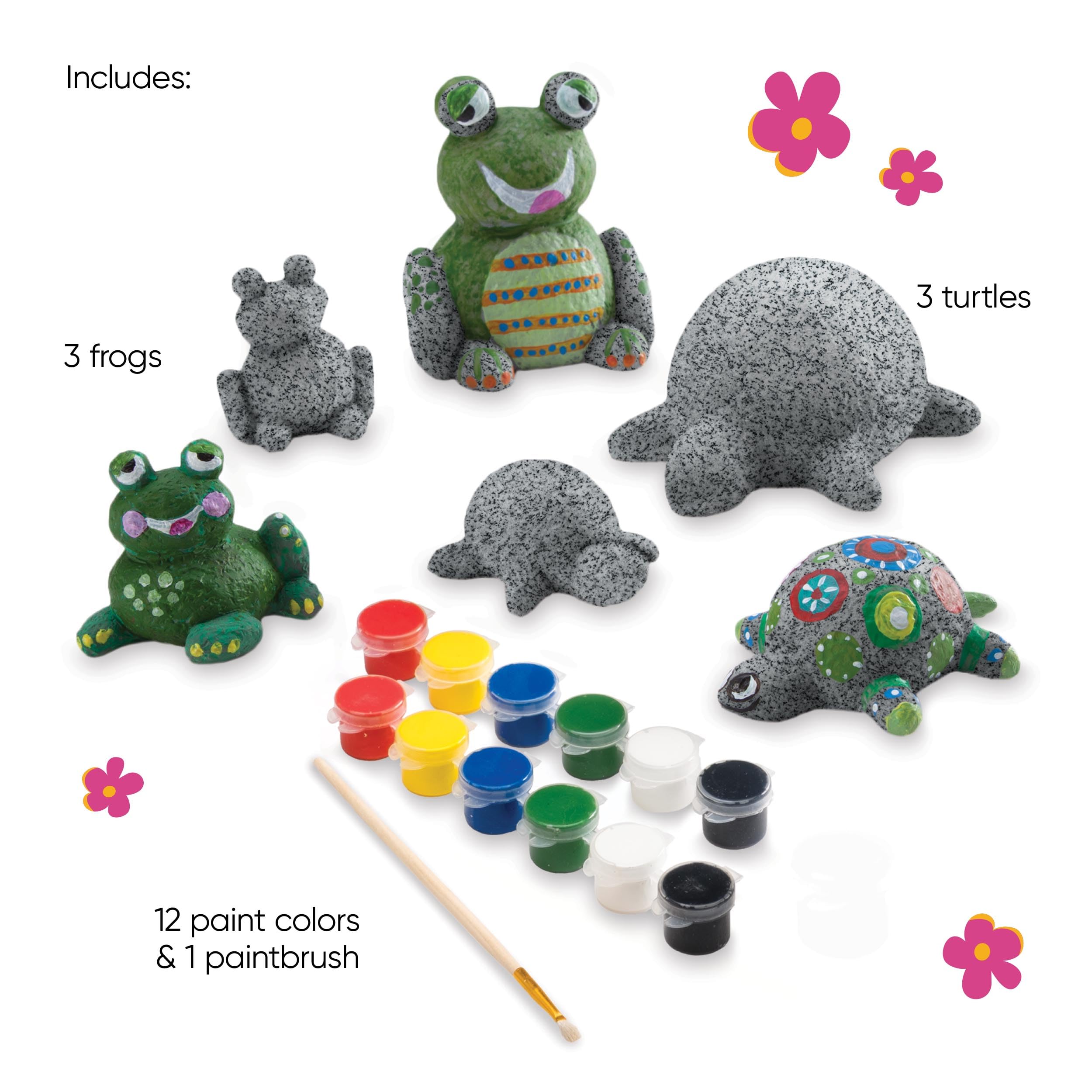 DIY Paint a Rock Pet Kit - Set of 6 (3 Frogs and 3 Turtles) - Includes Weather Resistant Paints and Paintbrush - 1.25'' - 5.75'' H