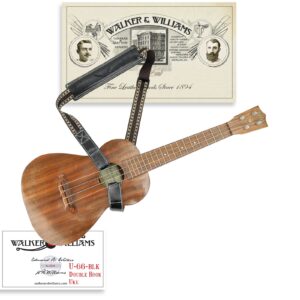 Walker & Williams U-66-BLK Black Double Hook Ukulele Strap With Premium Handmade Grain Leather Pad Hands Free For All Ukulele's