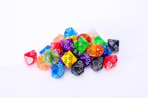 25 count assorted pack of 10 sided percentile dice - multi colored assortment of d100 polyhedral dice