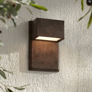 possini euro design lyons modern box-shape outdoor wall light fixture led bronze black 8" led frosted lens downlight for exterior house porch patio outside deck garage yard front door garden home