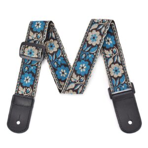 CLOUDMUSIC Tenor Concert Soprano Baritone Ukulele Strap Coloful Hawaii Floral Jacquard For Adult Size And Kids(Blue Flowers In Brown)