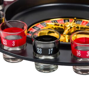 BETTERLINE Shot Glass Roulette Drinking Game and Poker Playing Cards Set - Spinning Wheel, 2 Balls and 16 Shot Glasses - Casino Adult Party Games