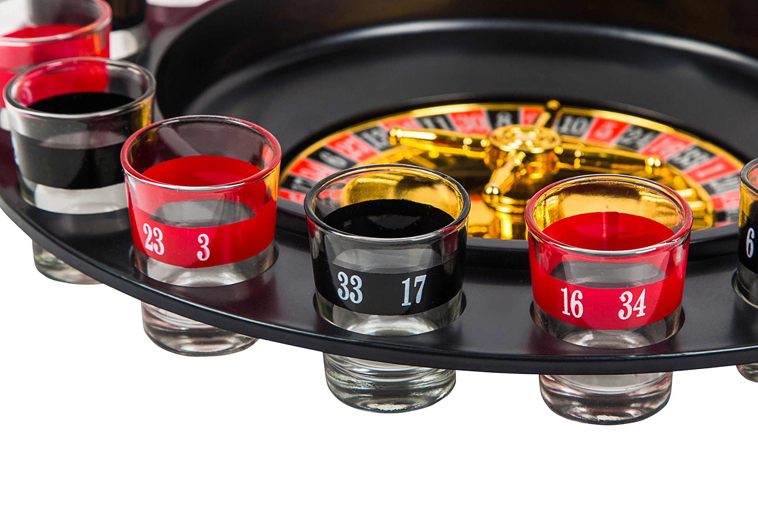 BETTERLINE Shot Glass Roulette Drinking Game and Poker Playing Cards Set - Spinning Wheel, 2 Balls and 16 Shot Glasses - Casino Adult Party Games