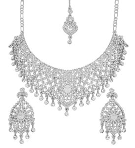 touchstone indian bollywood masterly created sparkling white rhinestones studded look grand bridal jewelry necklace earrings mangtika set in white tone for women.