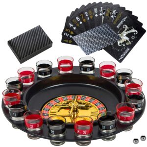 betterline shot glass roulette drinking game and poker playing cards set - spinning wheel, 2 balls and 16 shot glasses - casino adult party games