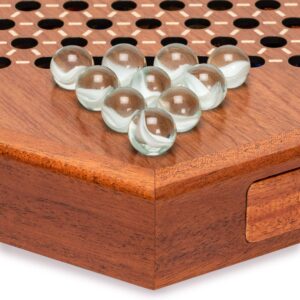 Wooden Chinese Checkers Halma Board Game Set - 12.7 Inches - with Drawers and Glass Marbles - Made by Yellow Mountain Imports