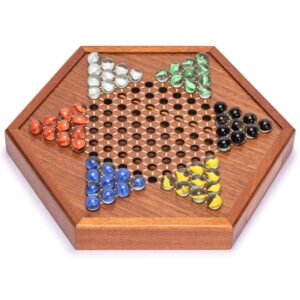 Wooden Chinese Checkers Halma Board Game Set - 12.7 Inches - with Drawers and Glass Marbles - Made by Yellow Mountain Imports