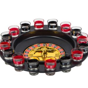 BETTERLINE Shot Glass Roulette Drinking Game and Poker Playing Cards Set - Spinning Wheel, 2 Balls and 16 Shot Glasses - Casino Adult Party Games