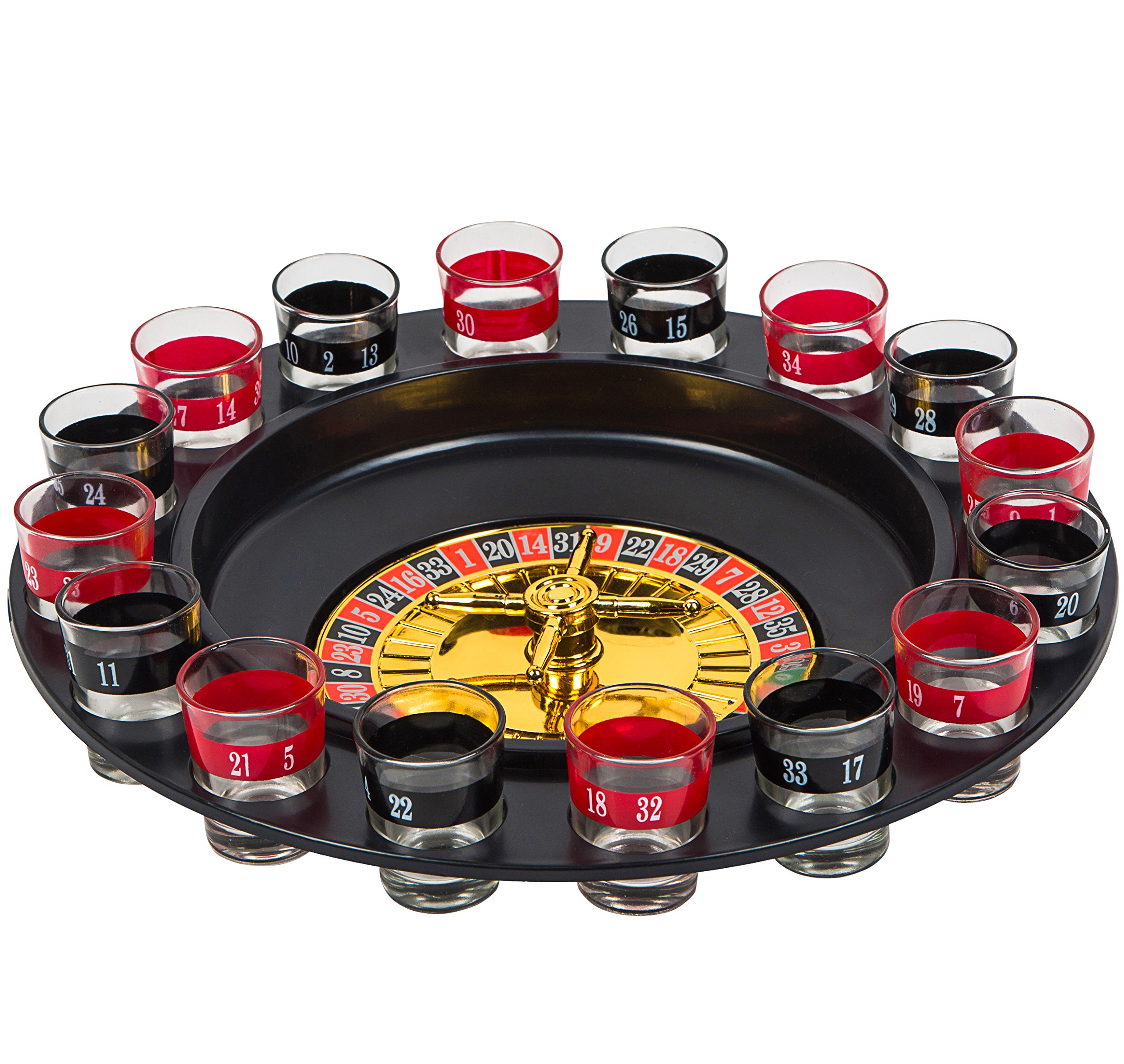 BETTERLINE Shot Glass Roulette Drinking Game and Poker Playing Cards Set - Spinning Wheel, 2 Balls and 16 Shot Glasses - Casino Adult Party Games