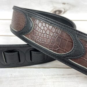 Walker & Williams G-800 Soft Black Leather Strap Brown Gator Inserts & Padded Back For Acoustic, Electric, And Bass Guitars