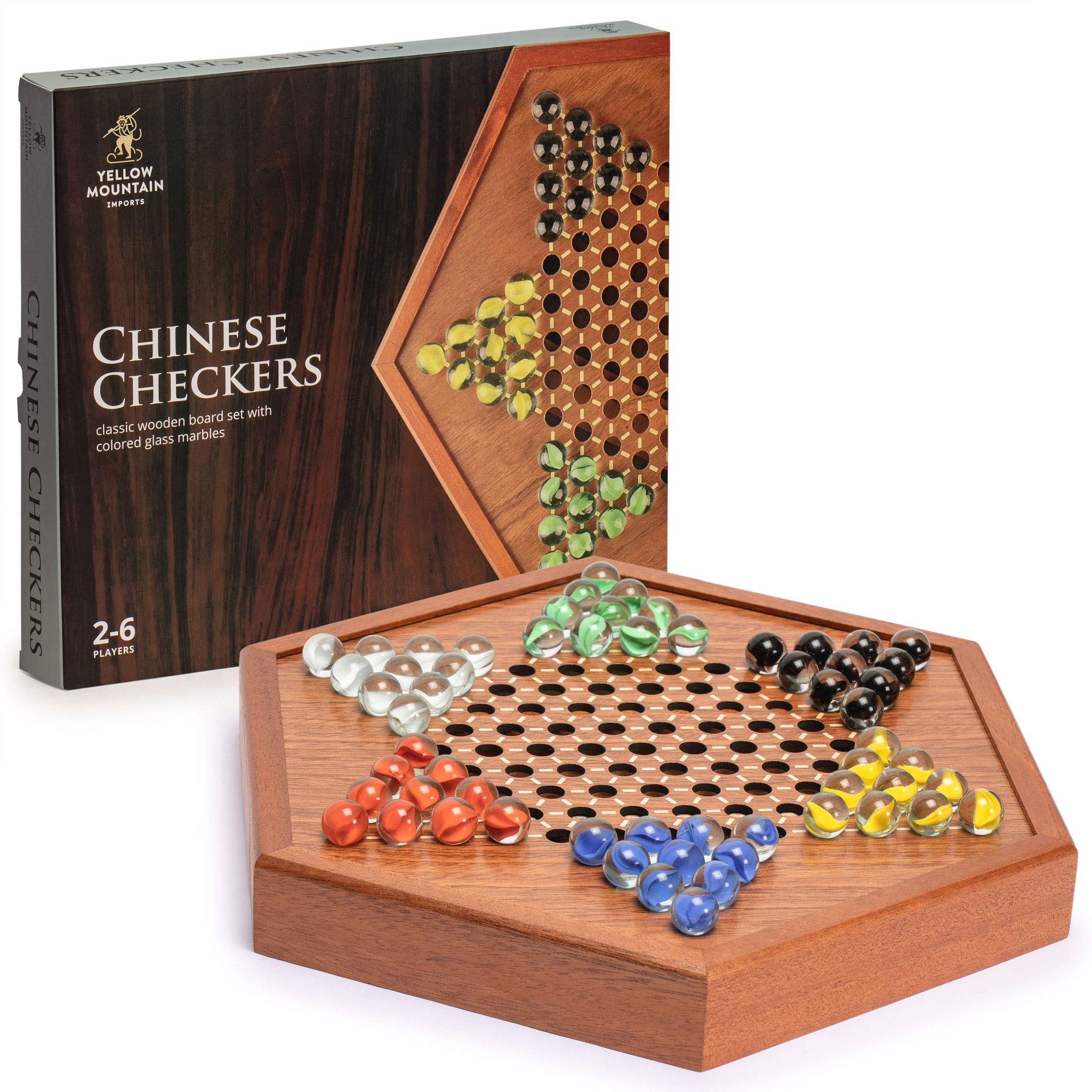 Wooden Chinese Checkers Halma Board Game Set - 12.7 Inches - with Drawers and Glass Marbles - Made by Yellow Mountain Imports