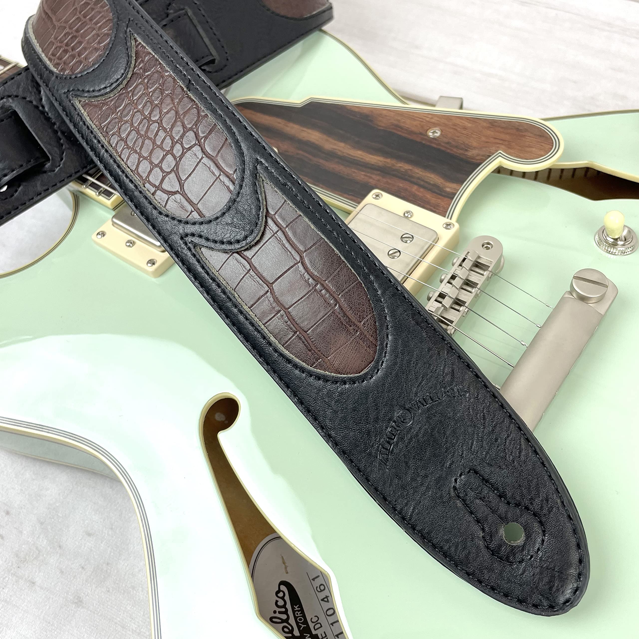 Walker & Williams G-800 Soft Black Leather Strap Brown Gator Inserts & Padded Back For Acoustic, Electric, And Bass Guitars