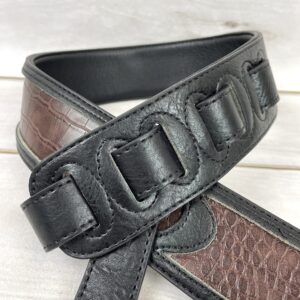 Walker & Williams G-800 Soft Black Leather Strap Brown Gator Inserts & Padded Back For Acoustic, Electric, And Bass Guitars