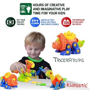 Kidtastic Dinosaur Toys, 106 pcs Take Apart Stem Learning Toys with Screwdriver, Ages 3-6 Year Kids Birthday Gift, Fun Construction for Boys and Girls - Build a Dinosaur, 3 yr Old Toddler Toys