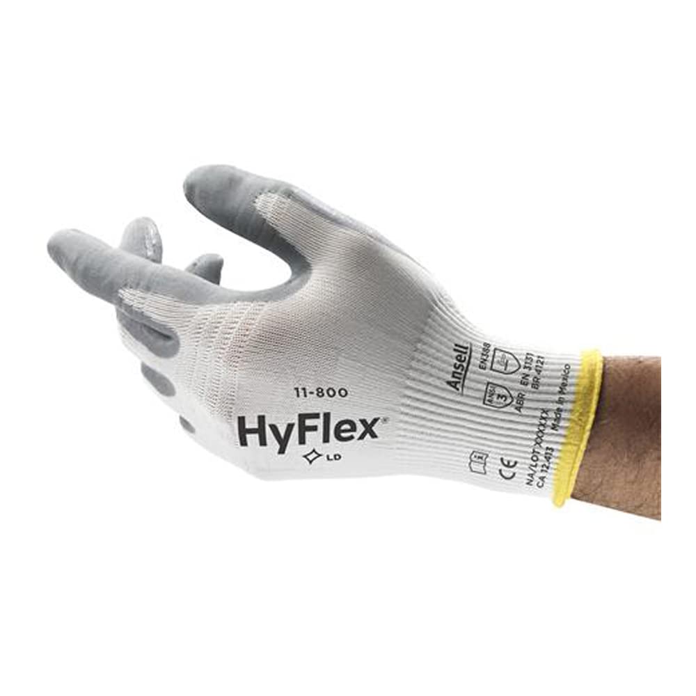 Ansell 103333 HyFlex Series 11-800 Foam Nitrile Precision Protection Glove for Handling Small Parts, Size 9, White/Grey (Pack of 12)