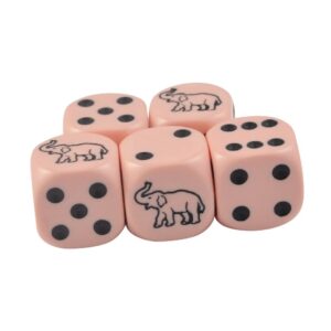 azty solutions set of 5 pink elephant dice round corner opaque 16mm black spots in snow organza bag