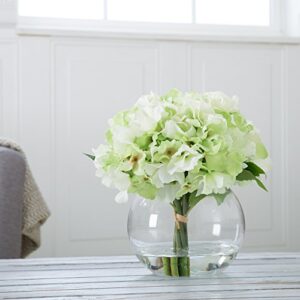 pure garden hydrangea floral arrangement in vase - 5-count artificial flowers with leaves in faux water-filled decorative clear glass bowl (green)