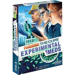 z-man games pandemic the cure experimental meds board game expansion | family board game | cooperative board game | ages 8+ | 2 to 5 players | average playtime 30 minutes | made by z-man games