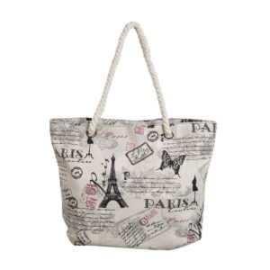 premium large paris eiffel butterfly print cotton canvas tote shoulder bag handbag beige