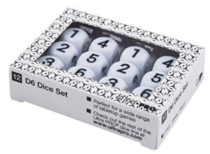 ultra pro set of 12 white six-sided dice w/black numbering (12 x d6)