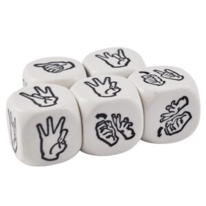 set of 5 white educational sign language numbers (7-12) 19mm dice in snow organza bag