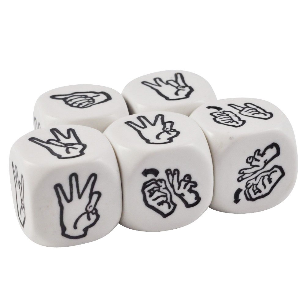 Set of 5 White Educational Sign Language Numbers (7-12) 19mm Dice in Snow Organza Bag