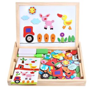 wooden toy magnetic board puzzle games , double side jigsaw &drawing sketchpad writing dry erase board chalkboard educational toys for kids