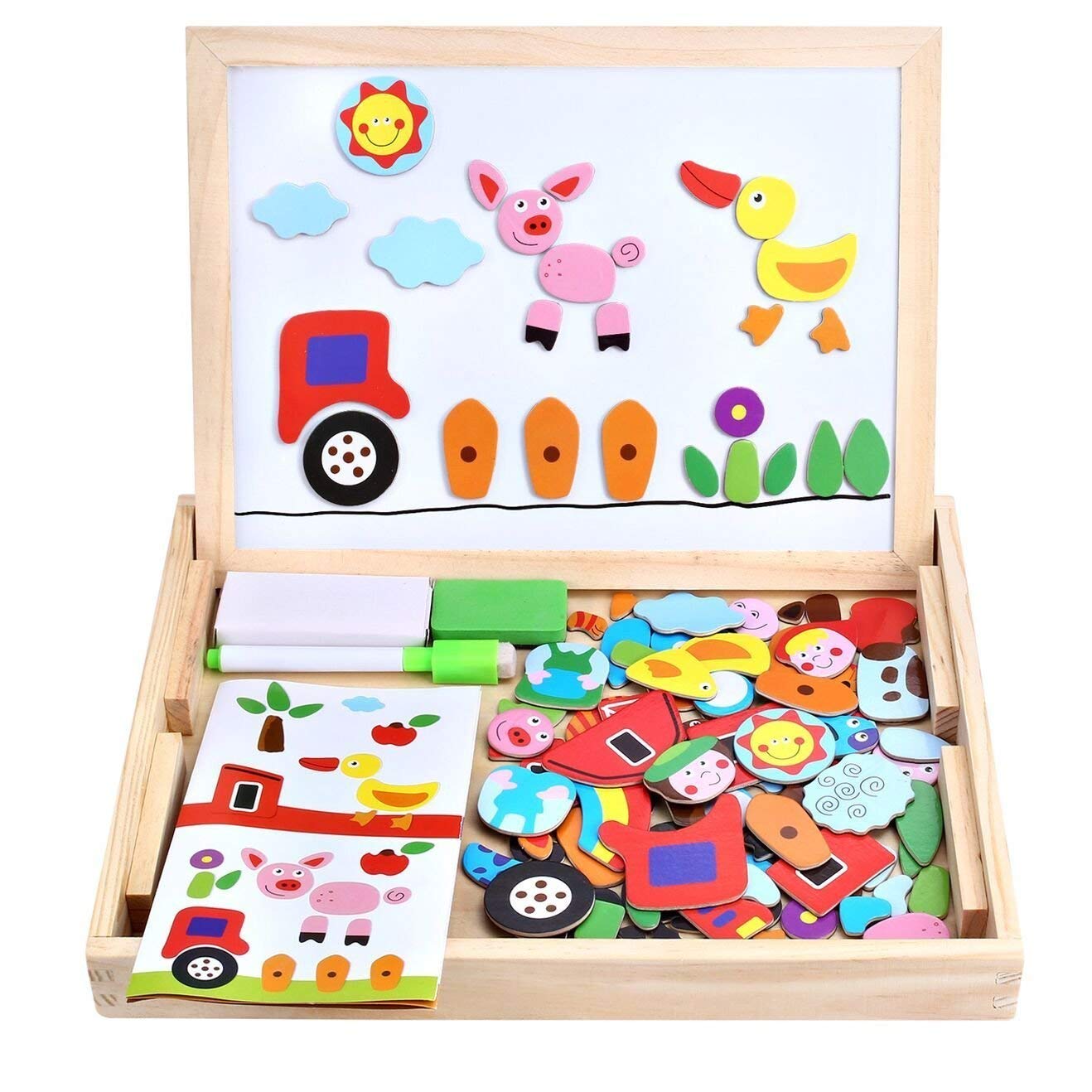 Wooden Toy Magnetic Board Puzzle Games , Double Side Jigsaw &Drawing Sketchpad Writing Dry Erase Board Chalkboard Educational Toys for Kids