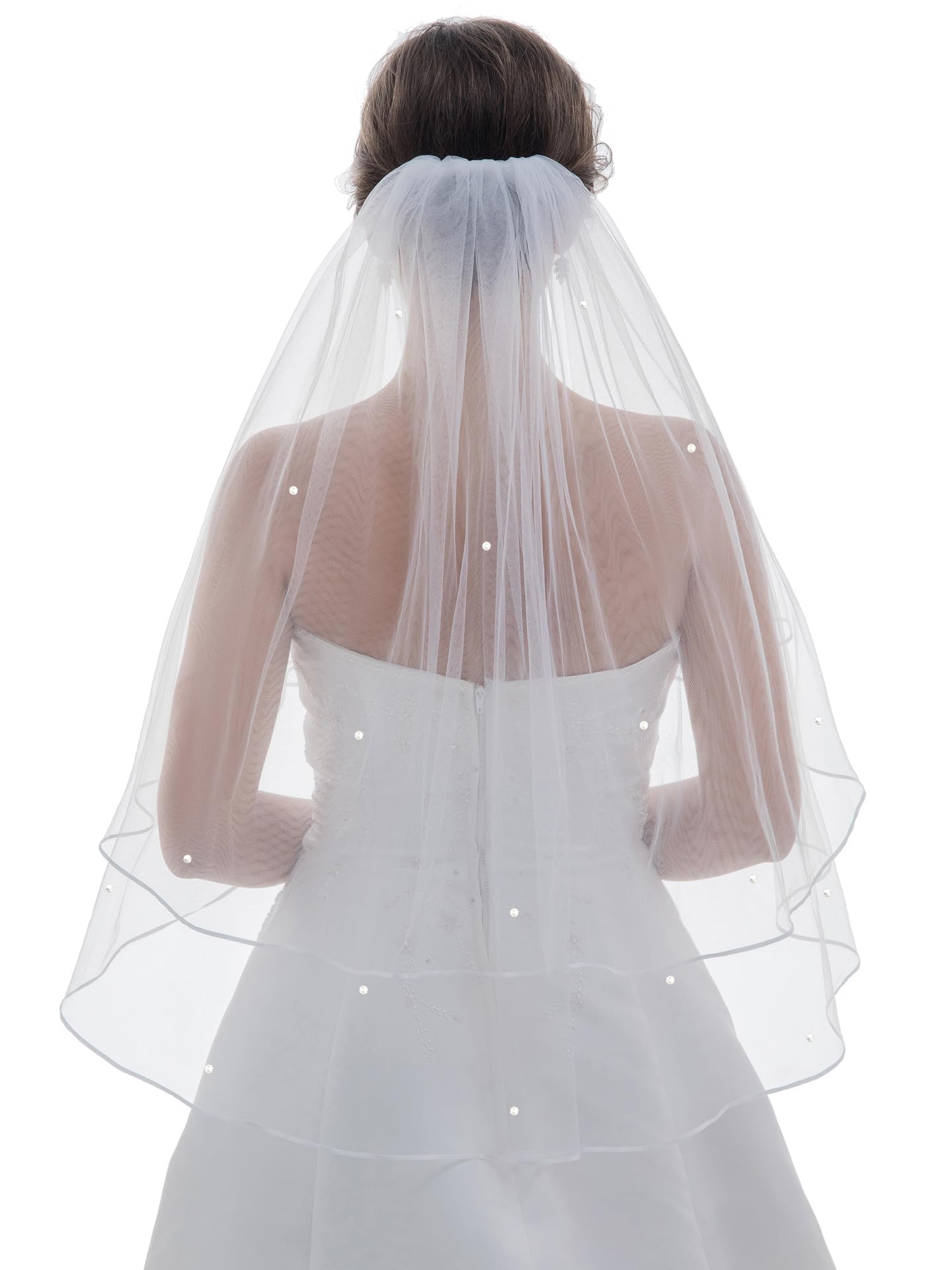 SAMKY 2T 2 Tier 1/8" Ribbon Crystal Circular Veil - White Fingertip Length 36" V518