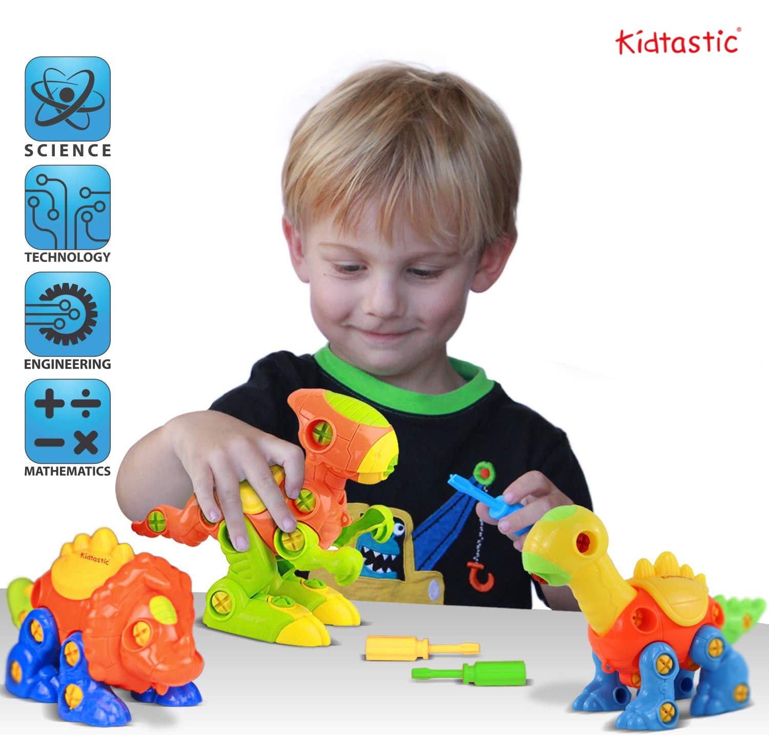 Kidtastic Dinosaur Toys, 106 pcs Take Apart Stem Learning Toys with Screwdriver, Ages 3-6 Year Kids Birthday Gift, Fun Construction for Boys and Girls - Build a Dinosaur, 3 yr Old Toddler Toys