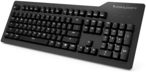 das keyboard prime 13 backlit wired mechanical keyboard, cherry mx brown mechanical switches, clean white led backlit keys, usb pass-through, aluminum top panel (104 keys, black)