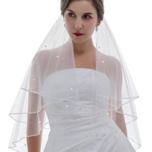 SAMKY 2T 2 Tier 1/8" Ribbon Crystal Circular Veil - White Fingertip Length 36" V518