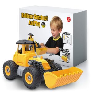 kidtastic bulldozer toy for 3+ year old boys and girls, 55 pcs tractor truck engineering vehicle construction toys, take apart stem fun with screwdriver, problem solving building play set for kids