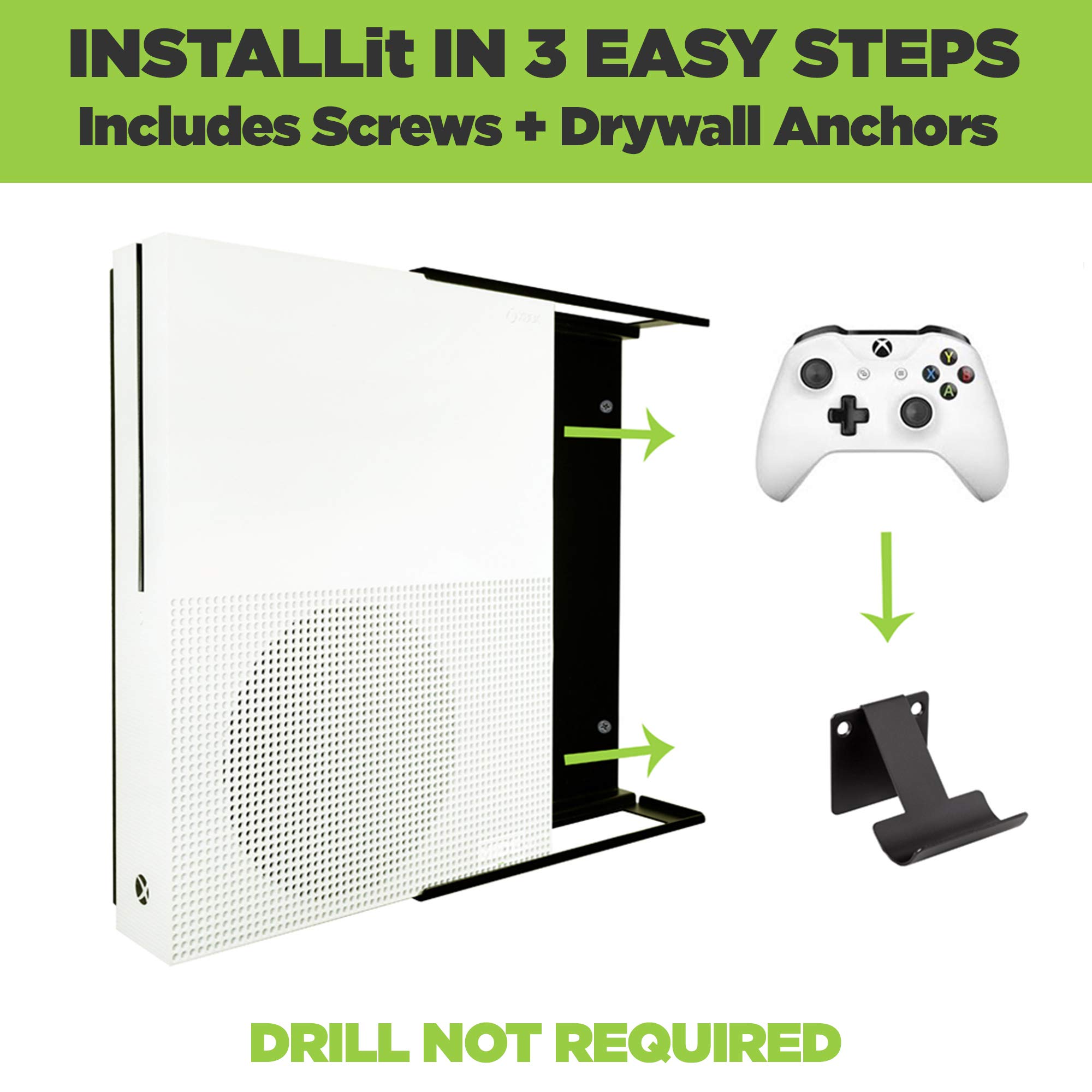 HIDEit Mounts X1S Black Bundle, Wall Mount for Xbox One S and Two Controller Wall Mounts to Safely Store Your Xbox One S and Xbox Controllers Near or Behind TV