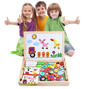 Wooden Toy Magnetic Board Puzzle Games , Double Side Jigsaw &Drawing Sketchpad Writing Dry Erase Board Chalkboard Educational Toys for Kids