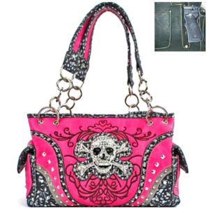 Zzfab Embroidered Concealed Carry Rhinestone Studded Skull Purse Pink