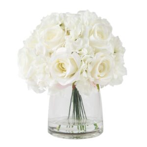 floral arrangement with vase - realistic accent with 10 hydrangeas and 11 roses in clear glass container with faux water by pure garden (cream)