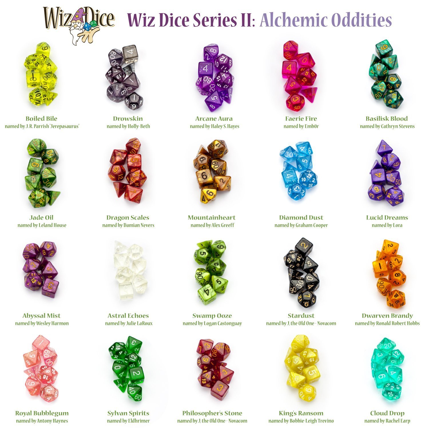 Wiz Dice Series II - Polyhedral Dice Set for Tabletop RPG Adventure Games with a Dice Bag - DND Dice Set, Suitable for Dungeons and Dragons, MTG and Dice Games Alike - Swamp Ooze - 7 ct