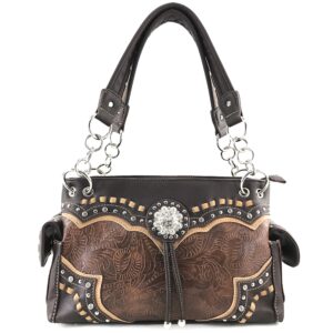 justin west embroidery floral glittering bling rhinestone buckle shoulder concealed carry handbag purse trifold wallet (brown handbag)