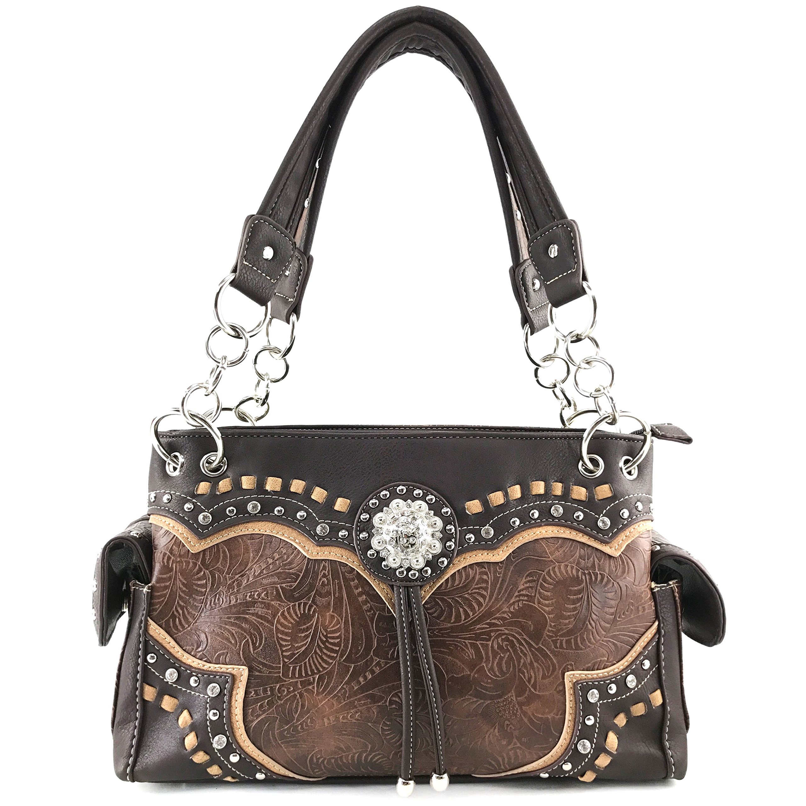 Justin West Embroidery Floral Glittering Bling Rhinestone Buckle Shoulder Concealed Carry Handbag Purse Trifold Wallet (Brown Handbag)