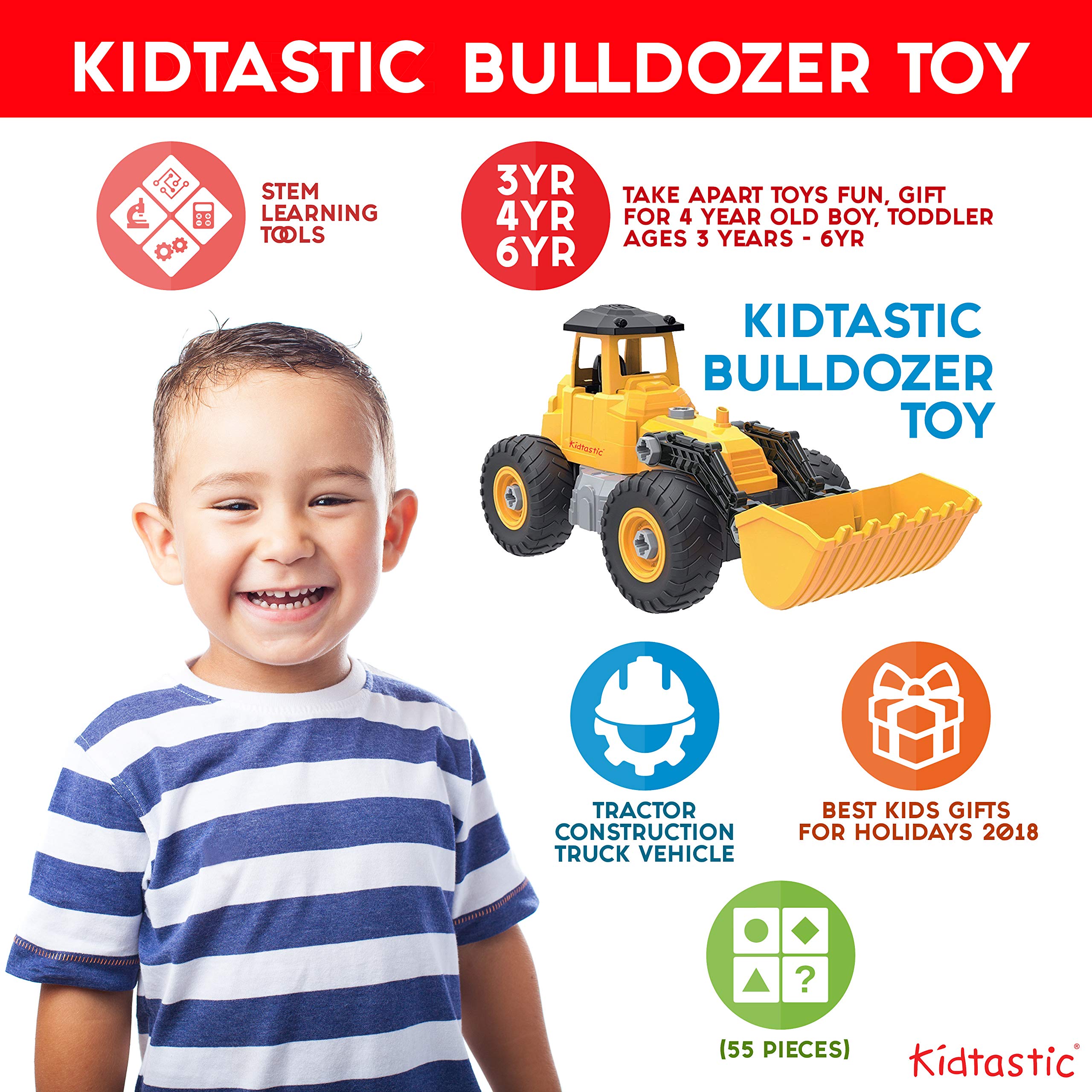 Kidtastic Bulldozer Toy for 3+ Year Old Boys and Girls, 55 Pcs Tractor Truck Engineering Vehicle Construction Toys, Take Apart Stem Fun with Screwdriver, Problem Solving Building Play Set for Kids