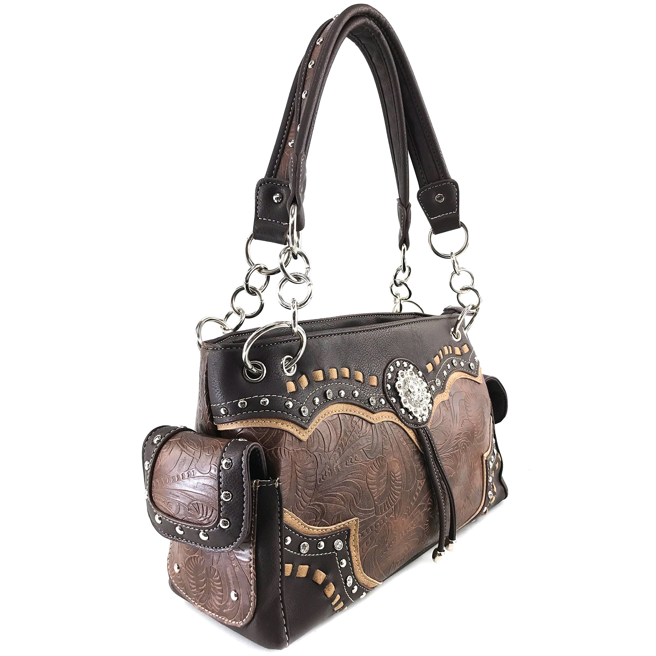 Justin West Embroidery Floral Glittering Bling Rhinestone Buckle Shoulder Concealed Carry Handbag Purse Trifold Wallet (Brown Handbag)